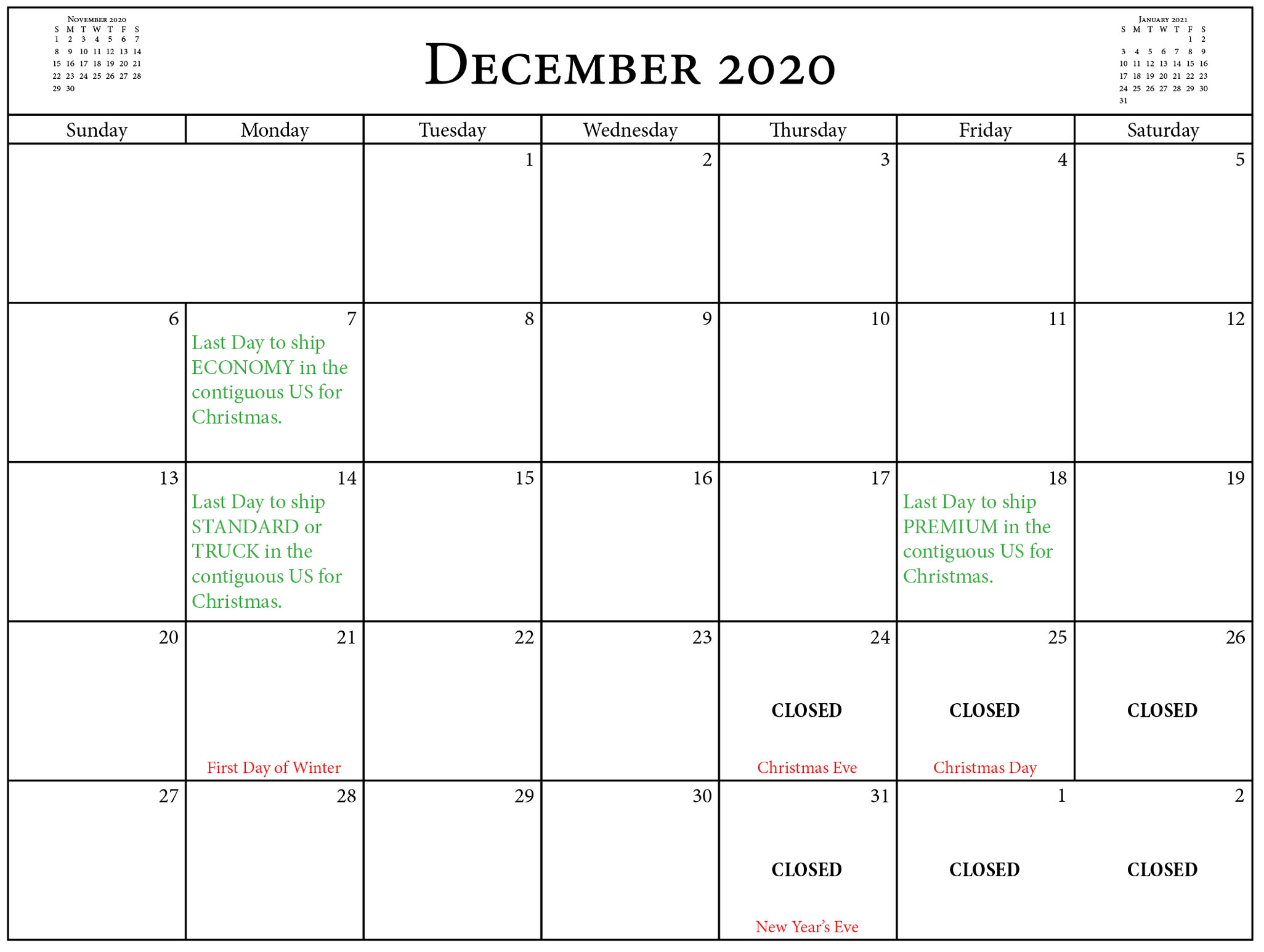 Holiday Shipping Calendar